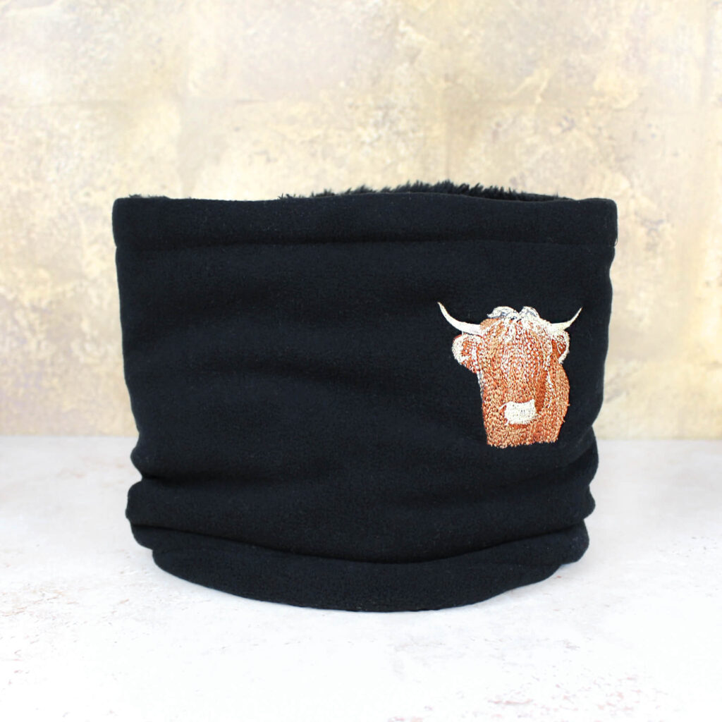 Embroidered Highland Cow Black Fleece Snood Scarf | TeddyT's