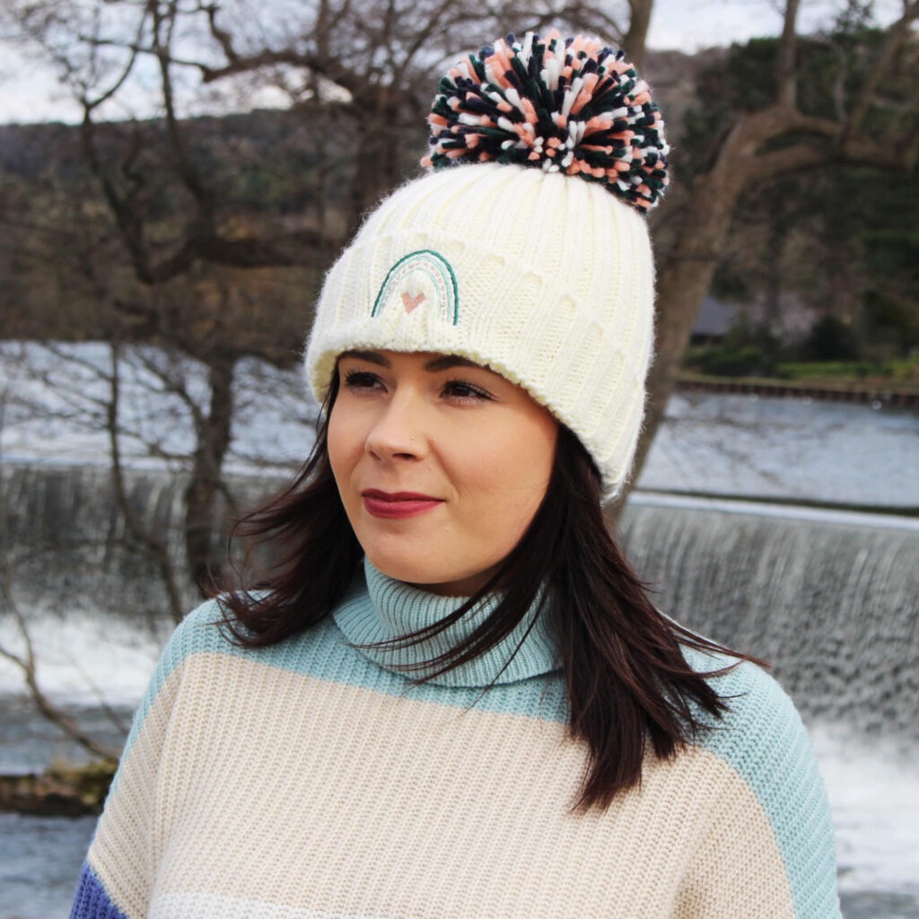Cream Scandi Rainbow Fleece Lined Cable Knit Bobble Hat | TeddyT's