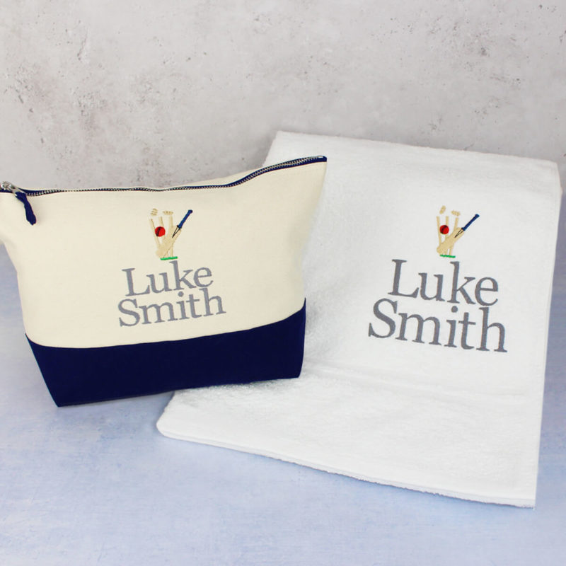 Personalised White Cricket Bath Towel and Wash Bag Gift Set | TeddyT's