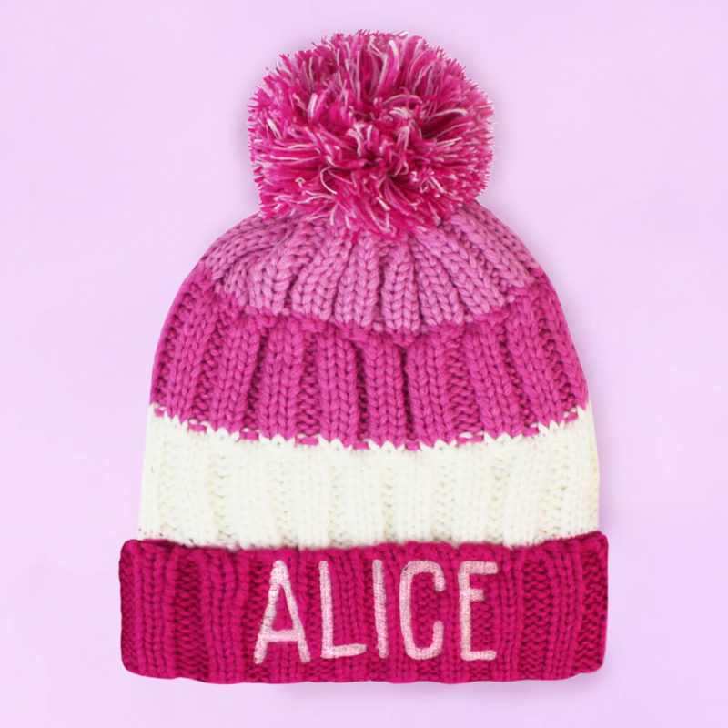 Girls Pink Stripe Chunky Knit Bobble Hat with Pom Pom | TeddyT's
